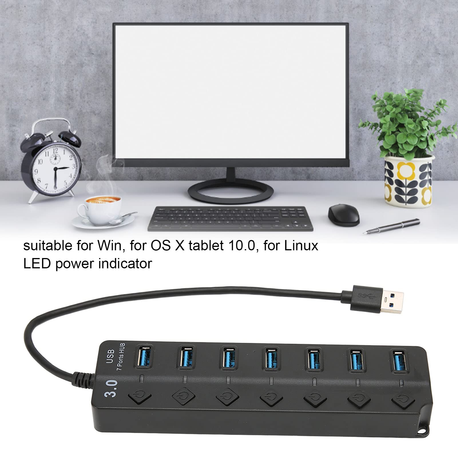 Zyyini USB Hub, 7 Ports USB3.0 Hub Ultra Slim Data USB Splitter, 5Gbps High Speed, for Windows, for OS X 10.0, for Linux, Mobile, Card Reader, Headset(Black)