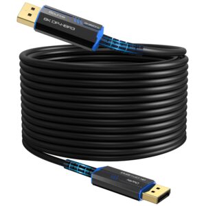 8k long dp fiber optic cable 100feet/30m, 8k@60hz, 4k@144hz, 32.4gbps displayport 1.4 cable, gold plated connector, slim and flexible cord, support hbr3, dsc 1.2, hdr10, 3d visual effects, vr headset