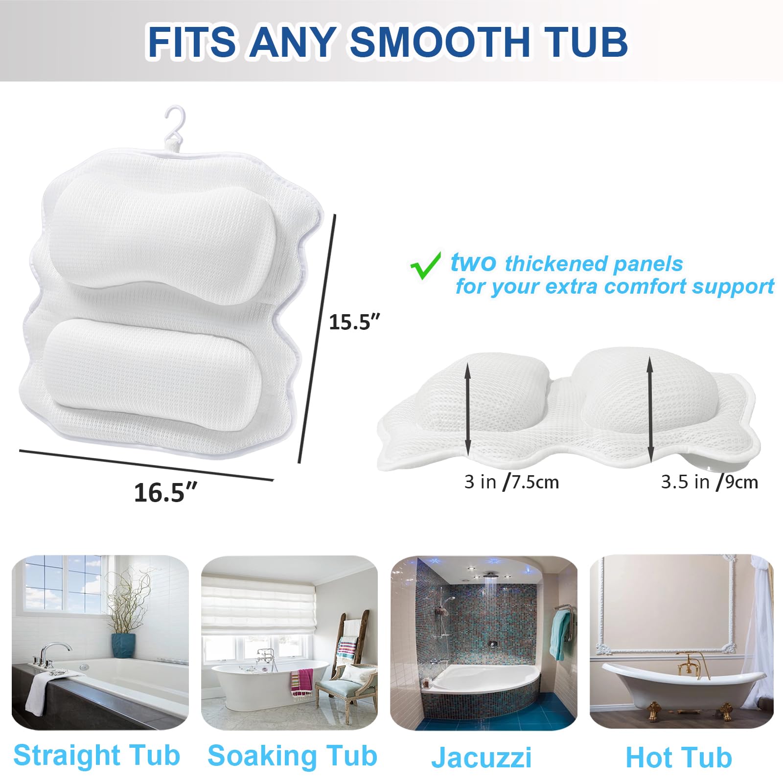 Bathtub Pillow Bath Pillows for Tub Neck and Back Support, Luxury Bath Tub Pillow for Headrest, Bathtub Pillows for Head and Neck Bath Cushion Shower Pillow for Bathtub with 6 Strong Suction Cups