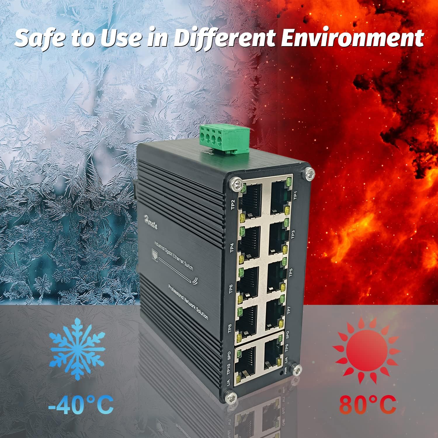 Hardened Industrial Gigabit Compact Ethernet Switch 10-Port 10/100/1000BASE-T RJ45 with auto-MDI/MDI-X Function 10/100Mbps Half/Full Duplex and 1000Mbps Full Duplex 12~48VDC Wide Range Power Input