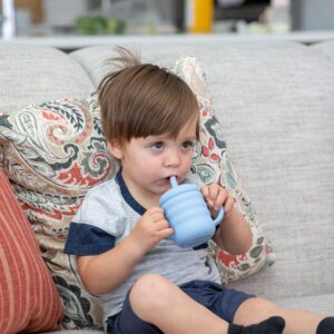 Cute 2-1 Silicone Straw Sippy Cup with Stopper - 5.4 OZ Spill-proof Sippy Cups for Baby 6+ Months w/ Dbl Handles, Grooved Body & Angled Straw for Fun & Safe Drinking - Includes Cleaning Brush - Green