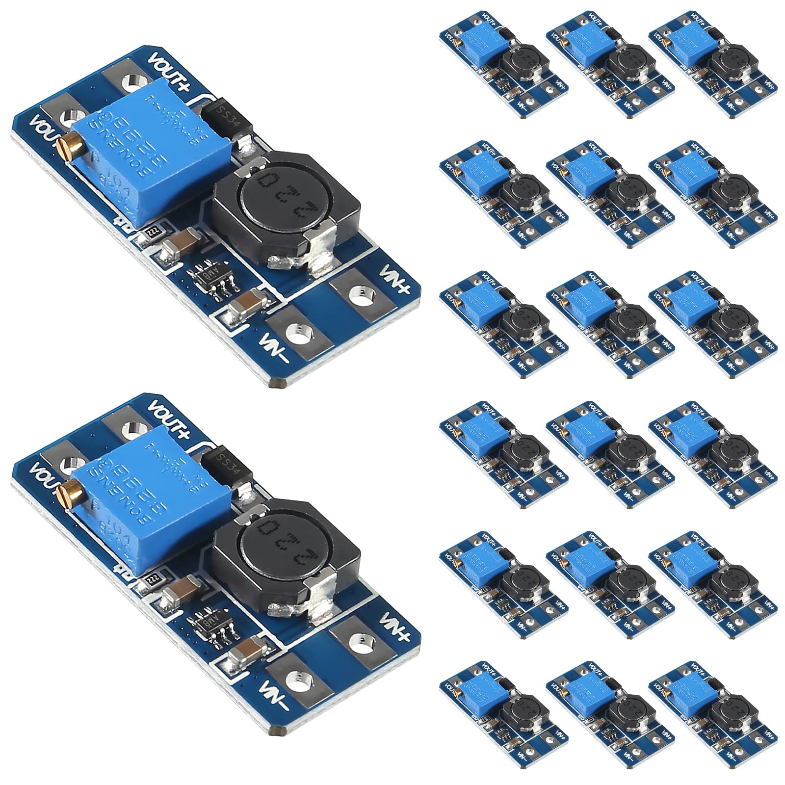 Diitao 20PCS Adjustable Step Up Converter MT3608 DC-DC Step Up Boost Power Converter 2A Modules Step Up Adjustable Voltage Regulator Board Input Voltage 2-24V to 5V-28V Output Voltage