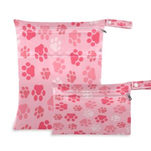 kigai pink dog paw waterproof wet dry bag reusable with handle for travel, beach, pool, diapers, toiletries 2pcs