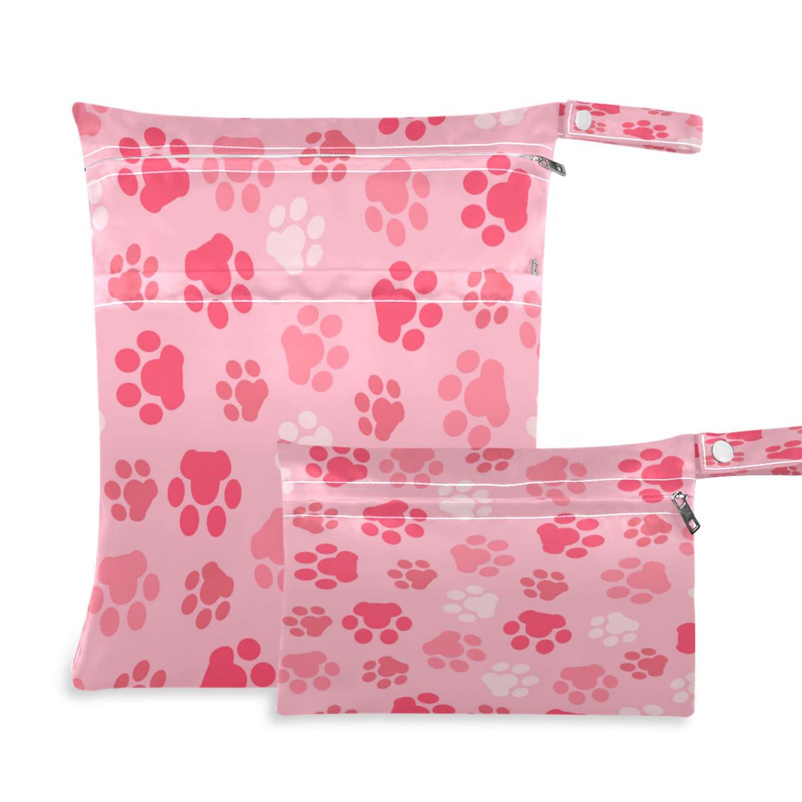 Kigai Pink Dog Paw Waterproof Wet Dry Bag Reusable with Handle for Travel, Beach, Pool, Diapers, Toiletries 2Pcs