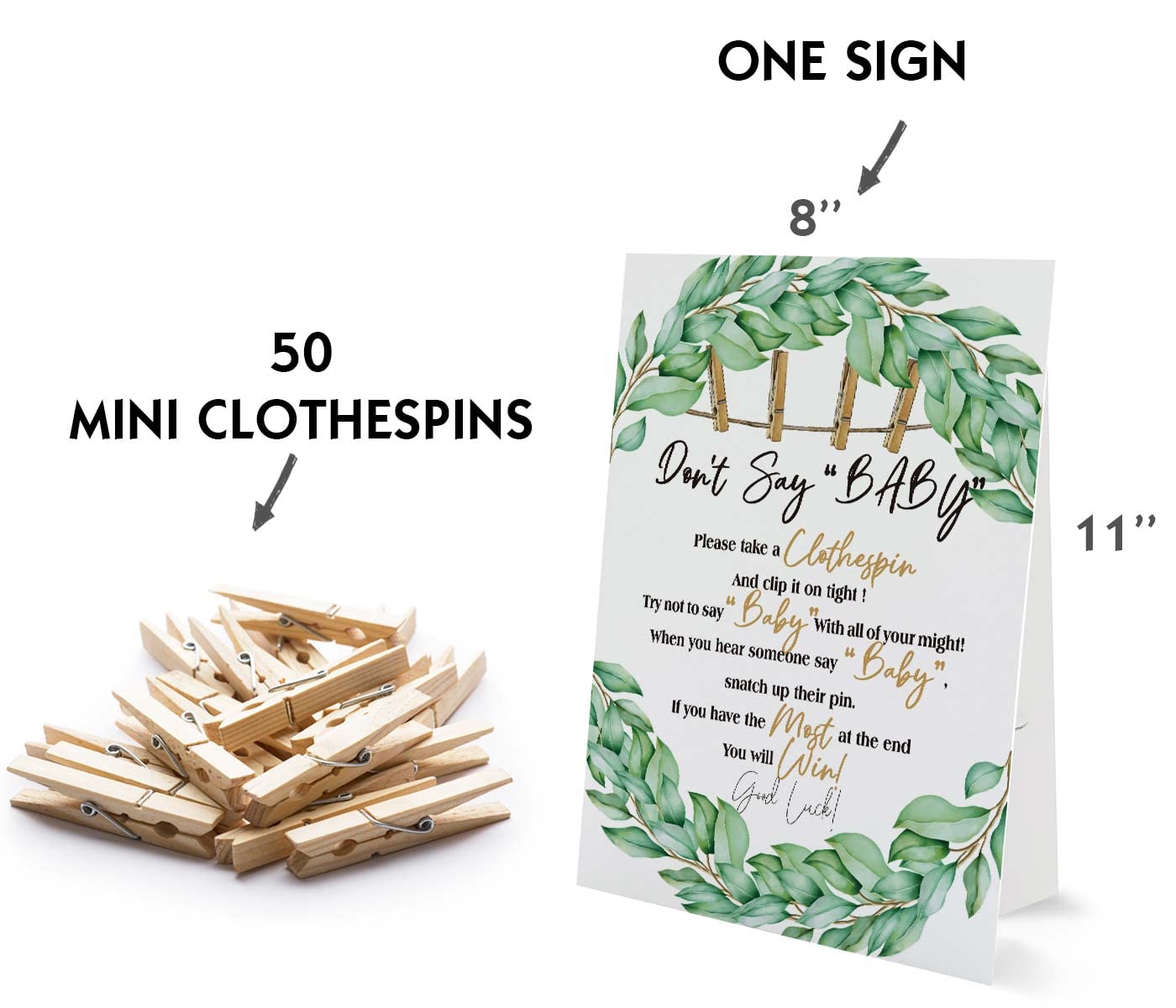 Don't Say Baby Sign, Baby Shower Clothespin Game, Includes a 8x11 Standing Sign and 50 Mini Natural Clothespins - BIG003