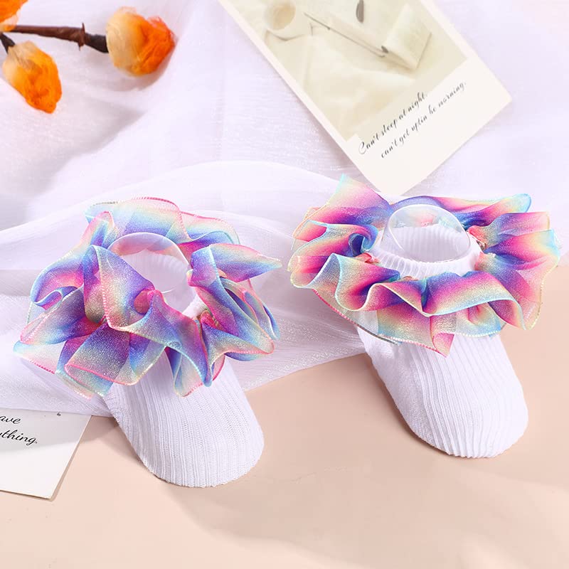 Hopply Toddler Girls Double Lace Socks Turn Cuff Shimmering Big Ruffle Rainbow Style Dress Lace Socks for Infant Kids