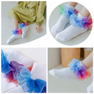 Hopply Toddler Girls Double Lace Socks Turn Cuff Shimmering Big Ruffle Rainbow Style Dress Lace Socks for Infant Kids