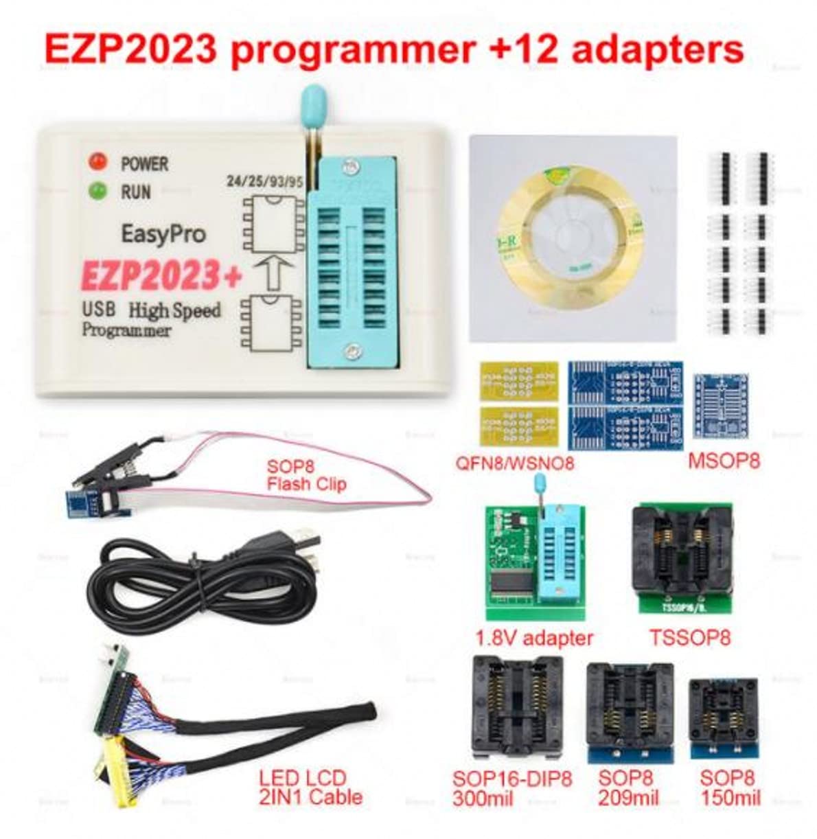 yesyZX WellieSTR 1 Set (EZP2023 with 12 adapters) EZP2023 High-Speed USB SPI Programmer EZP 2023 Support 24 25 93 95 EEPROM 25 Flash BIOS Chip Better Than EZP2019