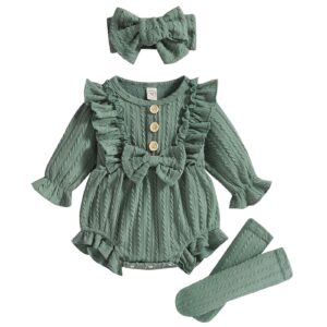 grnshts newborn baby girl clothes ruffle solid sweater romper long sleeve button bodysuit+hairband+socks 3pcs fall winter outfits(green,0-3 months)