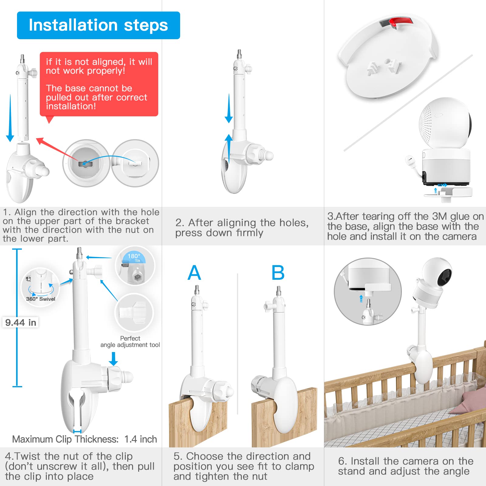 Baby Monitor Mount for Eufy Space View/Eufy Space View S/Eufy Space View Pro - 360° Adjustable, Stable and Durable Baby Camera Holer, Especially for Baby Cot