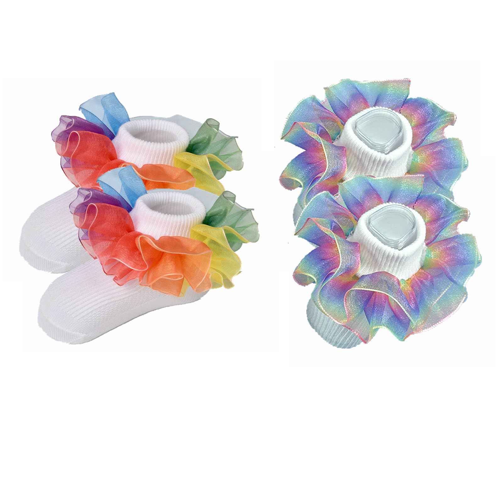 Hopply Toddler Girls Double Lace Socks Turn Cuff Shimmering Big Ruffle Rainbow Style Dress Lace Socks for Infant Kids