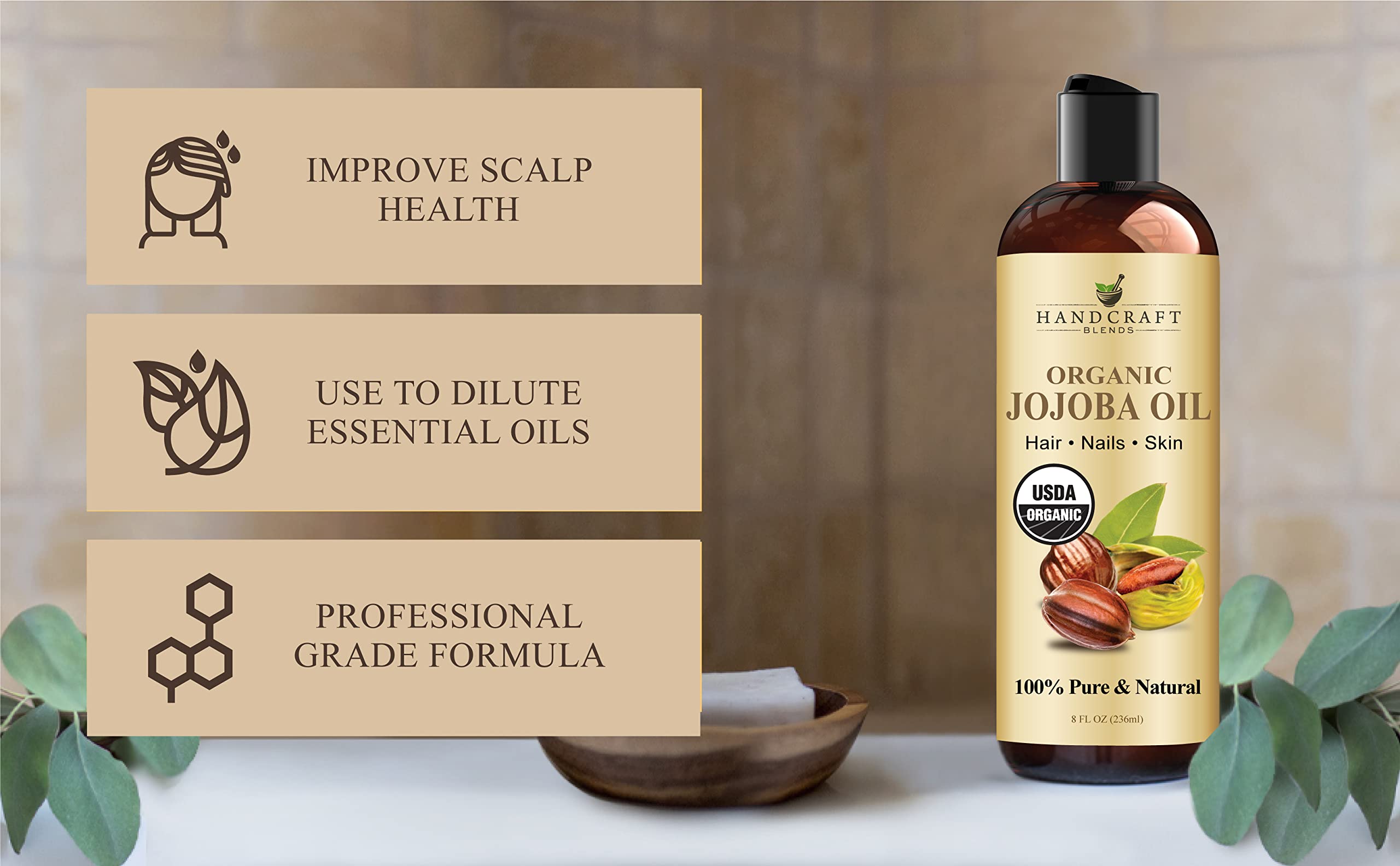 Handcraft Blends USDA Organic Jojoba Oil - 8 Fl Oz - 100% Pure and Natural - Premium Grade Oil for Face, Body and Hair - Anti-Aging Oil - Cold-Pressed and Hexane-Free - Packaging May Vary