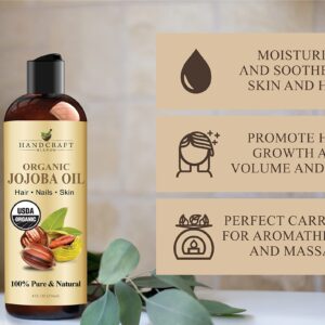 Handcraft Blends USDA Organic Jojoba Oil - 8 Fl Oz - 100% Pure and Natural - Premium Grade Oil for Face, Body and Hair - Anti-Aging Oil - Cold-Pressed and Hexane-Free - Packaging May Vary