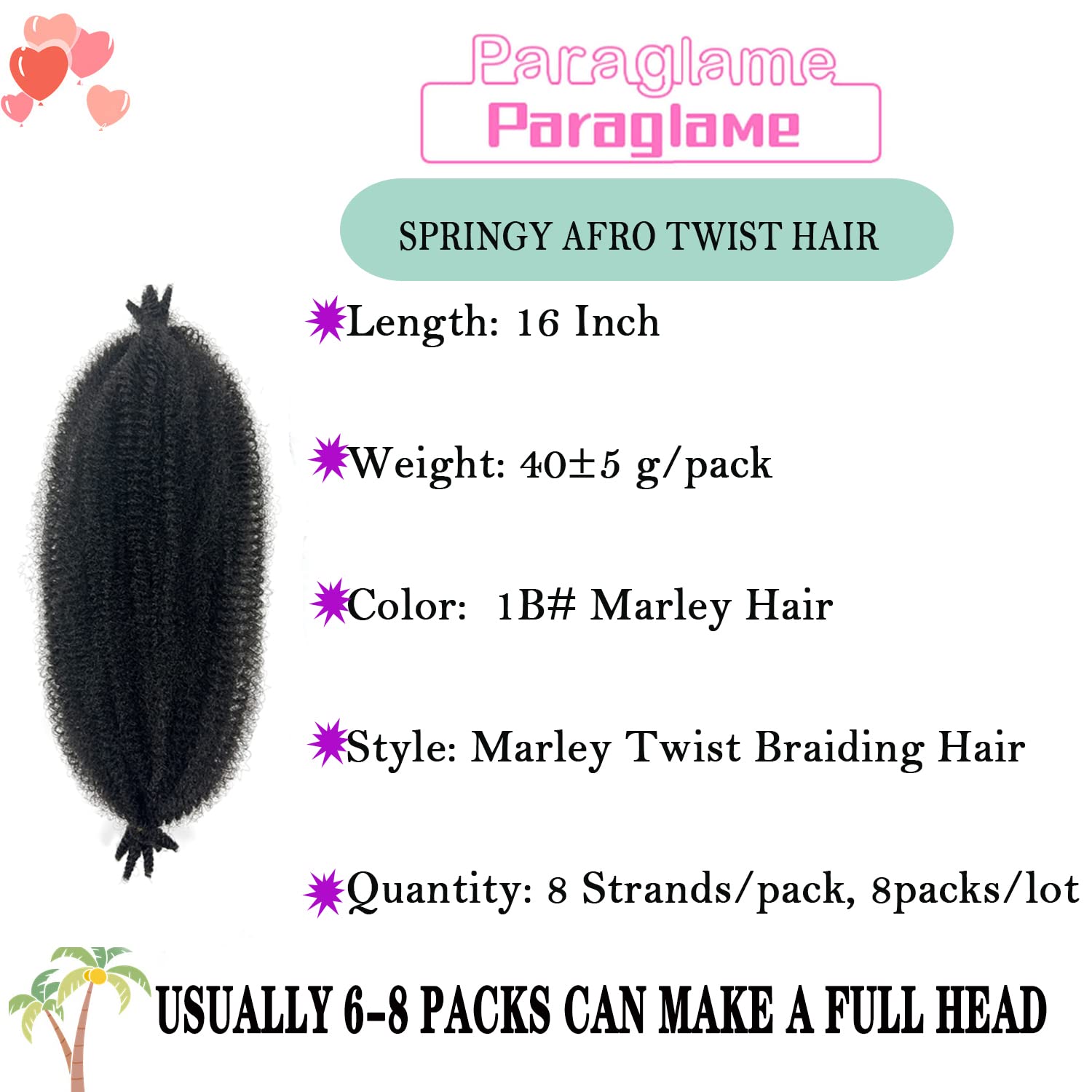 Paraglame 16 Inch Marley Twist Braiding Hair 8 packs Pre-Separated Springy Afro Twist Hair Extension Kinky Afro Twist Crochet Hair Braids Natural Black Spring Twist for Women (16 Inch, 1B)