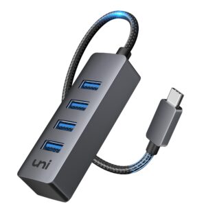 usb c to usb hub 4 ports, uni aluminum usb 3.0 multiport adapter [thunderbolt 3/4 compatible] for macbook pro/air, mac mini m2, surface laptops, xps | keyboard, mouse, hdd, and more