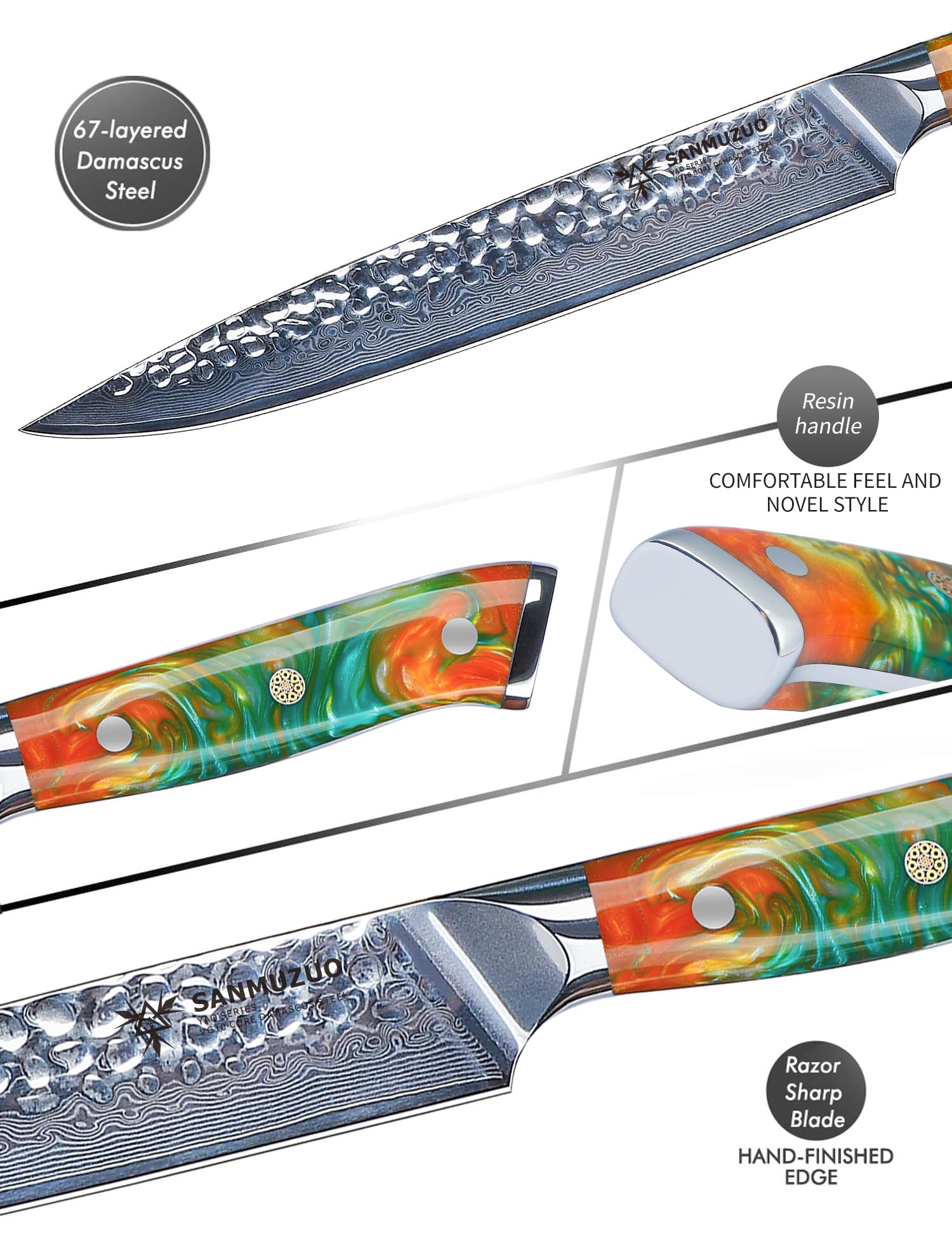 SANMUZUO 9 Inch Carving Knife, Slicing Knife - Hammered Damascus Steel & Resin Handle - Yao Series