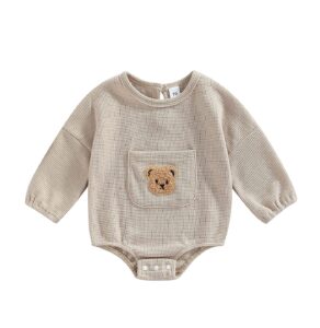 cute baby sweatshirt romper waffle knit baby clothes infant girl boy fall winter outfits (khaki, 0-6 months)