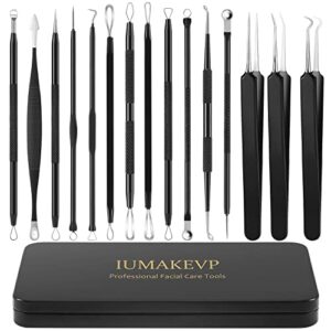 Pimple Popper Tool Kit, IUMAKEVP 15 PCS Professional Stainless Steel Blackhead Remover Comedone Extractor Tools for Removing Pimples, Blackheads, Zit on Face - Acne Removal Kit with Metal Case (Black)