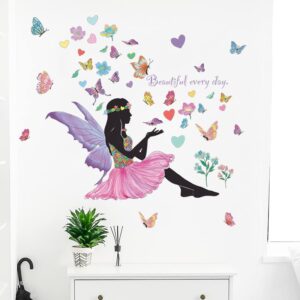 Pinenjoy Butterfly Girl Wall Decal Flower Fairy Wall Sticker 39x37inch Removable Self-Adhesive Vinyl Wall Clings for Kids Bedroom Living Room Nursery TV Headboard Decorations