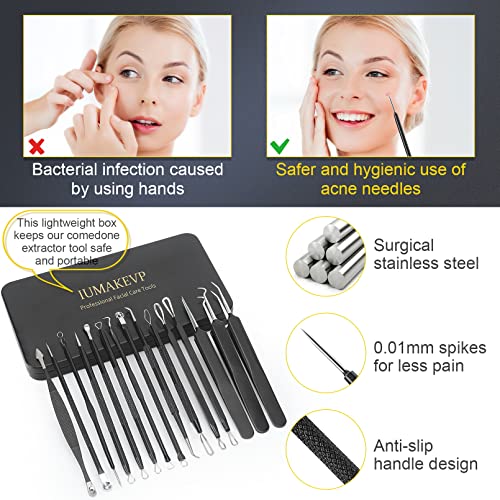 Pimple Popper Tool Kit, IUMAKEVP 15 PCS Professional Stainless Steel Blackhead Remover Comedone Extractor Tools for Removing Pimples, Blackheads, Zit on Face - Acne Removal Kit with Metal Case (Black)