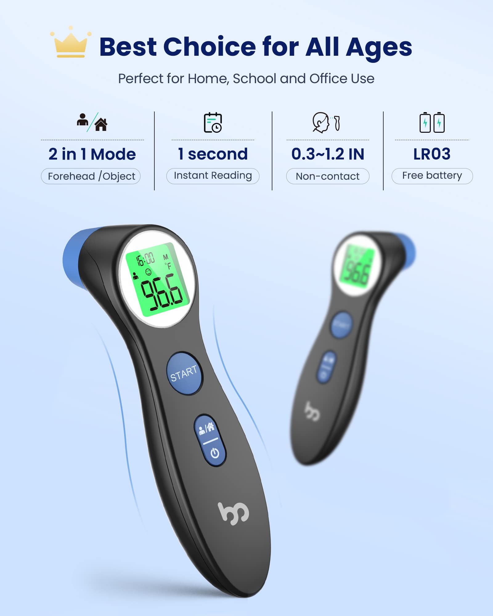 Forehead Thermometer for Adults and Kids, Digital Infrared Thermometer for Baby, Infants and Toddlers, Touchless Thermometer with Fever 3 Color Alarm, FSA HSA Eligible,1s Fast Reading, Accurate