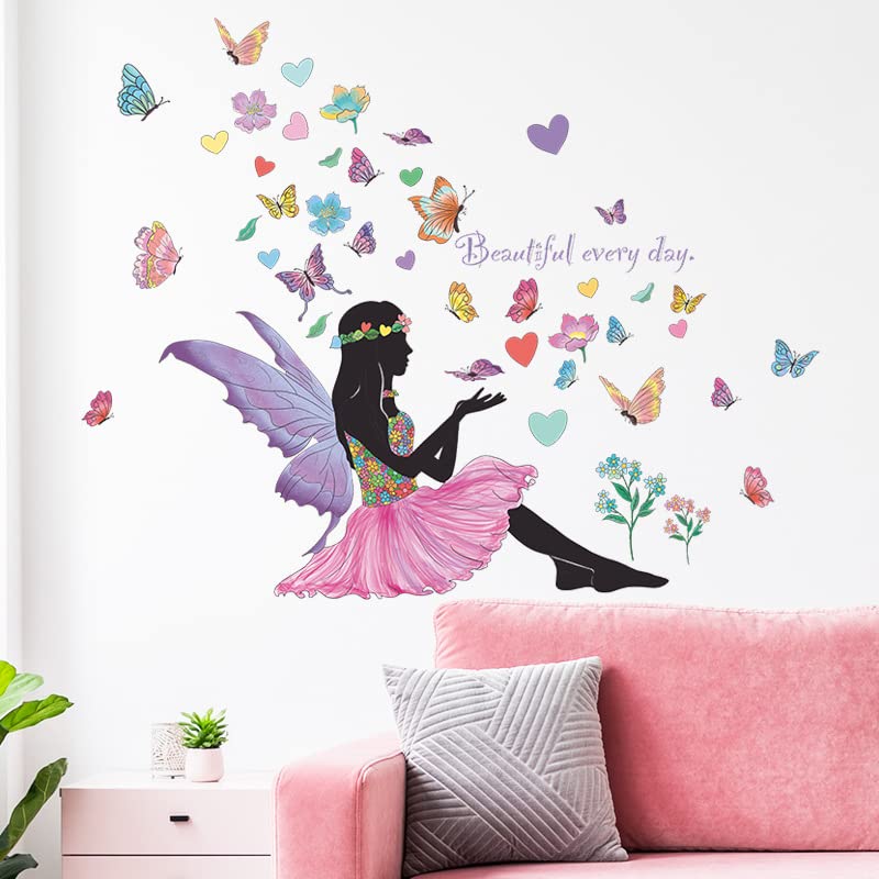 Pinenjoy Butterfly Girl Wall Decal Flower Fairy Wall Sticker 39x37inch Removable Self-Adhesive Vinyl Wall Clings for Kids Bedroom Living Room Nursery TV Headboard Decorations