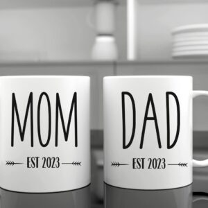 Pregnancy Gift Est 2023 - New Mom and Dad Est 2023 11 oz Mug Set with "Let The Adventure Begin" Romper (0-3 Months) - Top Mom and Dad Gift Set for New and Expecting Parents to Be - Baby Shower