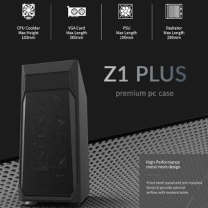 Zalman Z1 Plus ATX Mid Tower PC Computer Case - Tempered Glass Side Panel - 3 x 120mm Fans Pre-Installed - 5.25" ODD Support