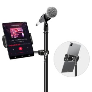 elitehood newest aluminum ipad holder for mic stand, side mount ipad music stand holder for microphone, 360° swivel tilt adjustable mic stand tablet holder for ipad, iphone and more 4-13in tablet