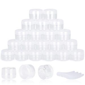 50pcs 5 gram sample containers, 5ml empty jars with lids, small cosmetic containers, mini sample jars with 4pcs mini spatulas for make up, oils, lotion, powder, paint, jewelry, lip balms(clear lid)