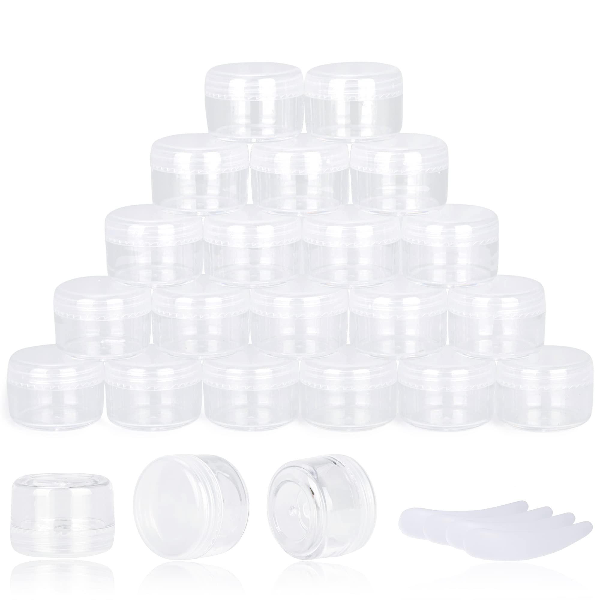 50PCS 5 Gram Sample Containers, 5ml Empty Jars with Lids, Small Cosmetic Containers, Mini Sample Jars with 4PCS Mini Spatulas for Make Up, Oils, Lotion, Powder, Paint, Jewelry, Lip Balms(Clear Lid)