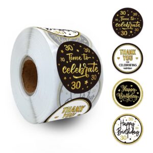 rewidparty gold 30th birthday stickers (500 per roll, round, paper, waterproof, 1.5'' diameter) - party decorations, anniversary, classmate, company party favors