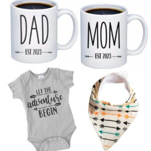 Pregnancy Gift Est 2023 - New Mom and Dad Est 2023 11 oz Mug Set with "Let The Adventure Begin" Romper (0-3 Months) - Top Mom and Dad Gift Set for New and Expecting Parents to Be - Baby Shower