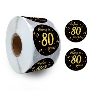 REWIDPARTY Black Gold 80th Birthday Stickers Rolls Cheers to 80 Years Stickers Happy 80th Birthday Stickers Birthday Party Favors Anniversary Party Decorations Adhesive Party Stickers(500 Per Roll)