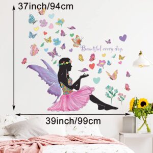 Pinenjoy Butterfly Girl Wall Decal Flower Fairy Wall Sticker 39x37inch Removable Self-Adhesive Vinyl Wall Clings for Kids Bedroom Living Room Nursery TV Headboard Decorations