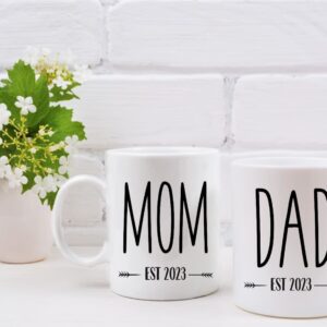 Pregnancy Gift Est 2023 - New Mom and Dad Est 2023 11 oz Mug Set with "Let The Adventure Begin" Romper (0-3 Months) - Top Mom and Dad Gift Set for New and Expecting Parents to Be - Baby Shower