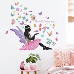 Pinenjoy Butterfly Girl Wall Decal Flower Fairy Wall Sticker 39x37inch Removable Self-Adhesive Vinyl Wall Clings for Kids Bedroom Living Room Nursery TV Headboard Decorations