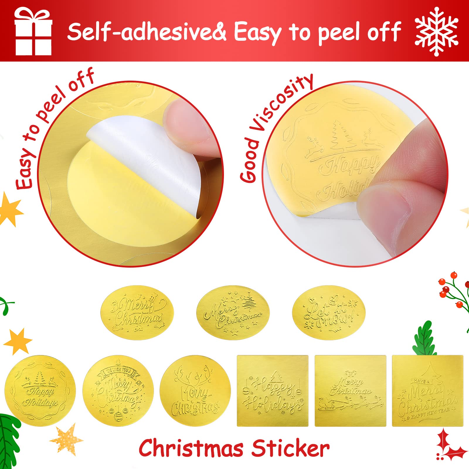 900 Pcs Christmas Foil Seals 1.5 Inch Gold Embossed Envelope Stickers Self Adhesive Holiday Seal Stickers Santa Snowflake Foil Stickers Gnome Pine Cone Presents Decoration