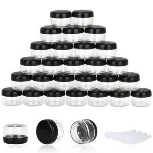 50pcs 5 gram sample containers, 5ml empty jars with lids, small cosmetic containers, mini sample jars with 4pcs mini spatulas for make up, oils, lotion, powder, paint, jewelry, lip balms(black lid)