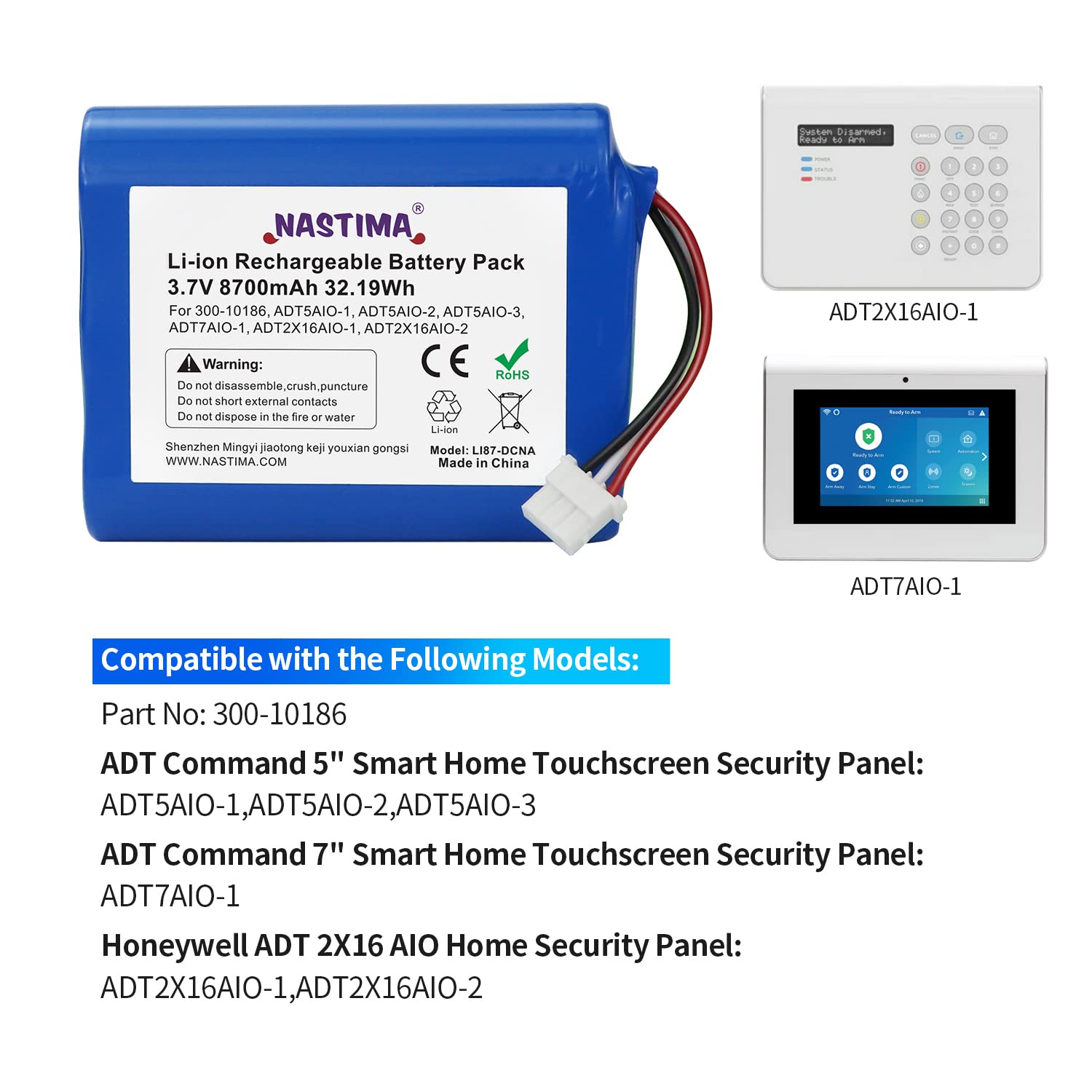 NASTIMA 300-10186 Li-ion Replacement Battery for ADT Command Smart Security Panel ADT5AIO-1 ADT5AIO-2 ADT5AIO-3 ADT7AIO-1 Honeywell ADT2X16AIO-1 ADT2X16AIO-2 | 3.6V/4.2V 8700mAh