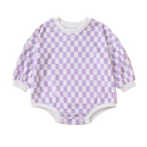 kayotuas baby neutral clothes checkerboard crewneck sweatshirt romper oversized long sleeve plaid bubble bodysuit (purple,6-12 months)