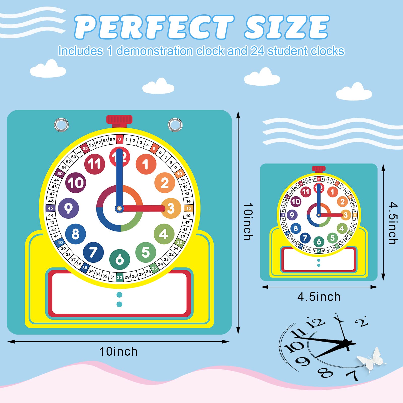 Junkin 25 Pcs Teaching Clock Kit, Clocks Practice Clocks for Kids Learning Time with Erasable Surface for Home School Classroom Supplies (Vivid Style)