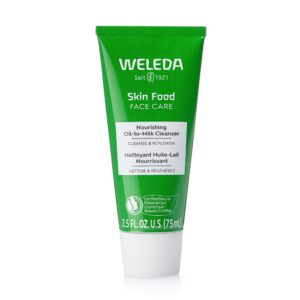 weleda skin food face care nourishing oil-to-milk cleanser, 2.5 fluid ounce, plant rich cleanser with sunflower seed oil, chamomile extract and pansy