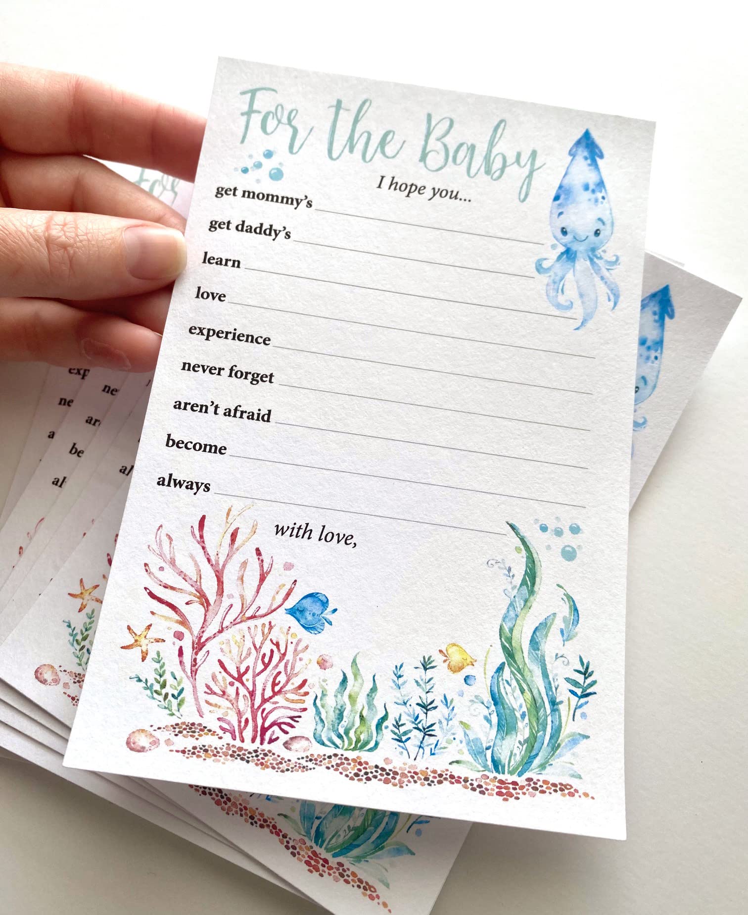 Baby Shower Advice Sea Animals (40 Pack) Guest Wishes for Baby, Boy Girl Gender Neutral, Ocean Life Theme Wisdom Prediction Keepsake Notepaper (4x6 Soft Cotton Stationery Prints)