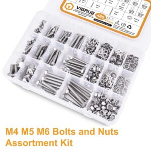 VIGRUE 480PCS M4 M5 M6 Bolts Nuts Assortment Kit, Heavy Duty 304 Stainless Steel, 13 Metric Common Sizes Included