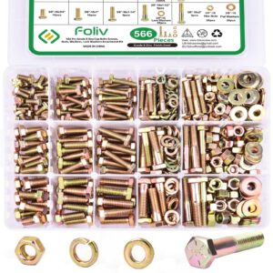 foliv 566pcs heavy duty bolts and nuts assortment kit, grade 8 hex screws bolts nuts kit, 1/4-20 5/16-18 3/8-16, 15 common sizes included