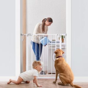 ciays baby gate 29.5” to 33.5”, 30-in height extra wide dog gate for stairs, doorways and house, auto-close safety metal pet child gate for dogs, wall pressure mounted, white