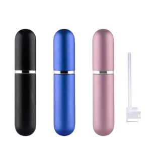 perfume travel refillable,5ml perfume atomisers,3 pcs mini portable spray bottles,round tube perfume bottles set with 1 flat separated tool,for home business trip travel(black+blue+champagne)(4pcs)