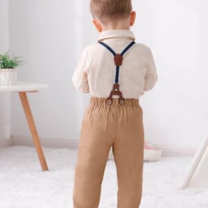 DISAUR Boys Church Outfit Apricot Brown Long Sleeve Dress Shirt Bow Tie Suspender Pants Toddler Formal Outfit Boy 2t 3t 2-3t