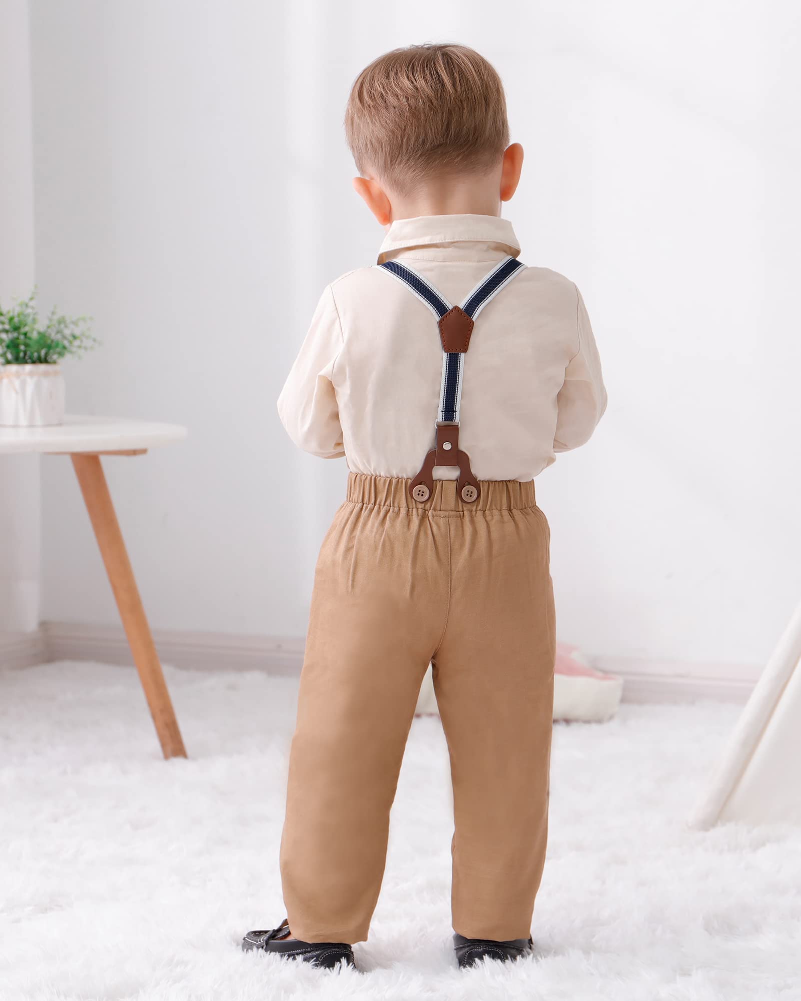 DISAUR Boys Church Outfit Apricot Brown Long Sleeve Dress Shirt Bow Tie Suspender Pants Toddler Formal Outfit Boy 2t 3t 2-3t